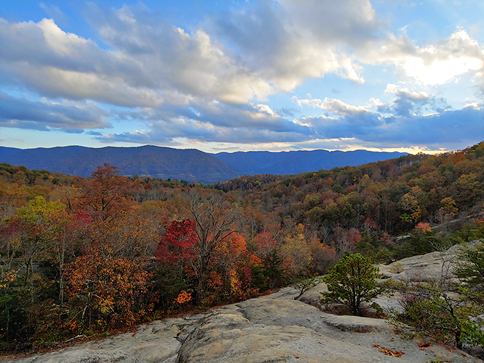 Fall's fashion show is on full display from this rocky perch. The mountains draped in autumn finery prove Mother Nature is the ultimate costume designer.