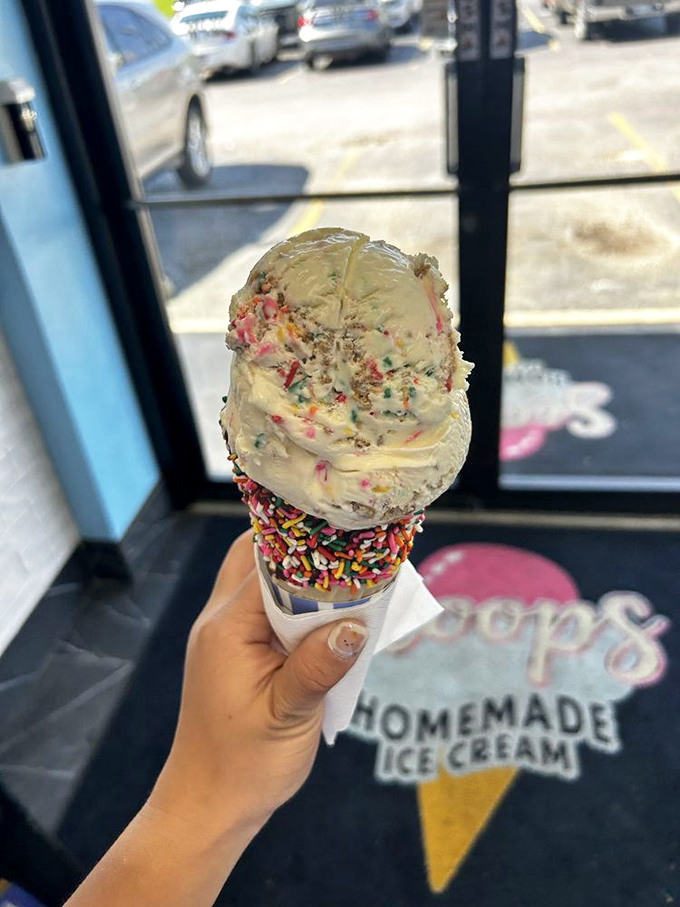 Sprinkle-rimmed cone perfection! This vanilla creation with colorful bits throughout proves that sometimes happiness is just a well-decorated ice cream cone away.