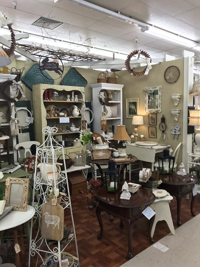 Shabby chic heaven! This vendor space transforms vintage elements into a cohesive aesthetic that would make HGTV designers swoon with envy.
