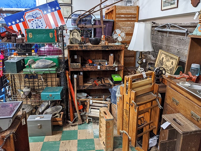 Vintage tools and treasures await their next chapter on a mint-green dresser, proving one generation's junk drawer is another's design statement. 
