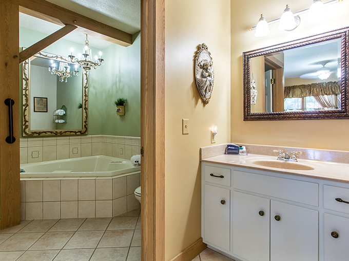 The bathroom proves country charm and modern luxury aren't mutually exclusive&mdash;like finding heated seats in a horse-drawn buggy.