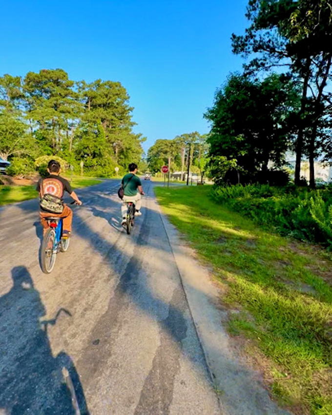 Island exploration mode: cycling through Sapelo's shaded lanes offers a peaceful alternative to mainland traffic jams.