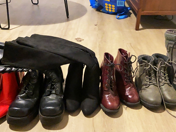 Boot boulevard! From weathered work boots to sassy burgundy lace-ups, footwear finds a temporary home here before stepping into their second act.