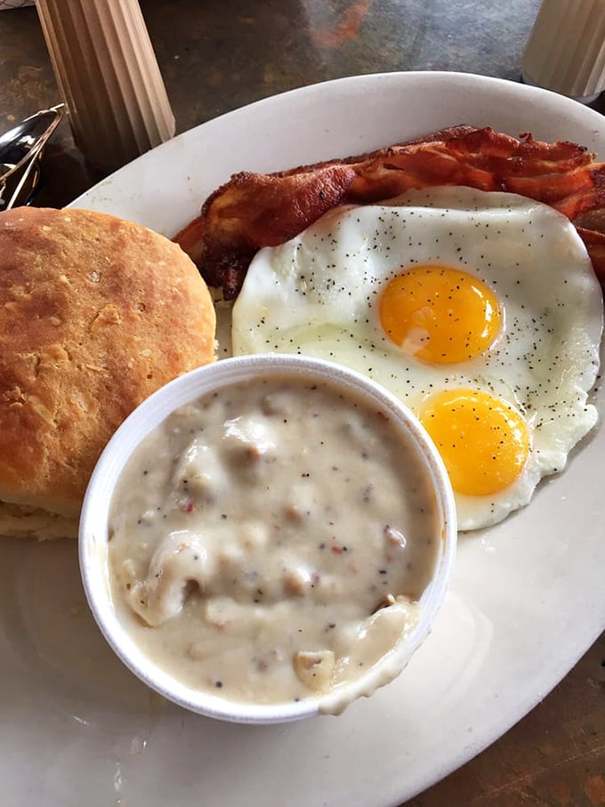 Sunny-side up eggs with perfect yellow centers, crispy bacon, and a biscuit that looks like it was baked by someone's grandmother who knew things.