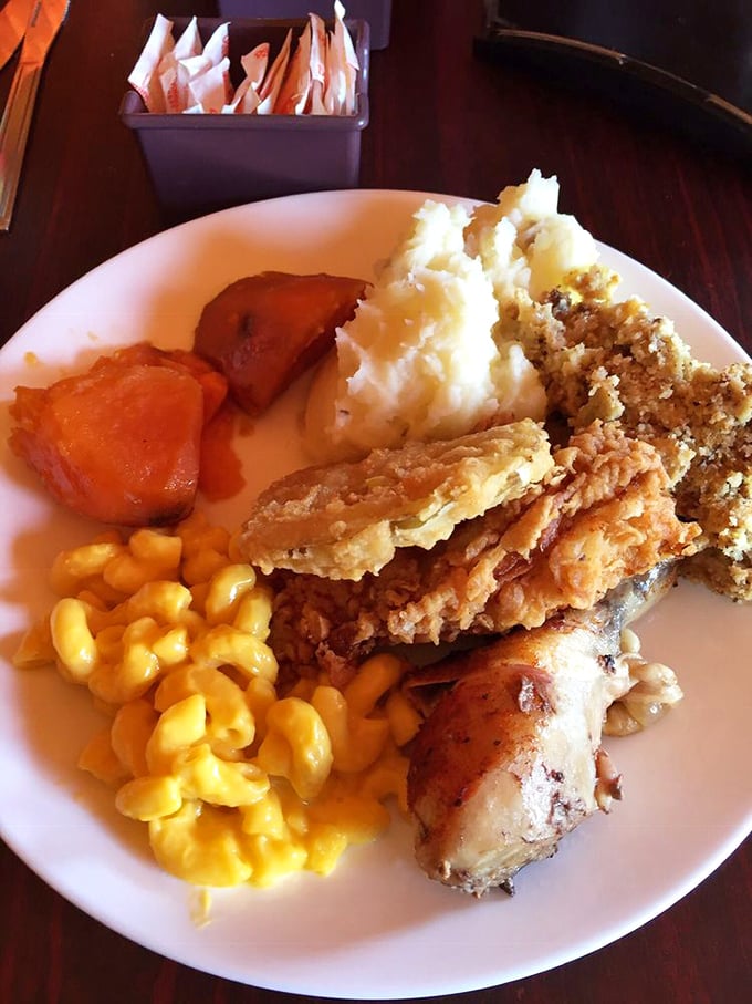 When your plate looks like the United Nations of Southern cooking&mdash;fried chicken representing crispiness, mac and cheese as the cheese ambassador, and vegetables playing supporting roles.