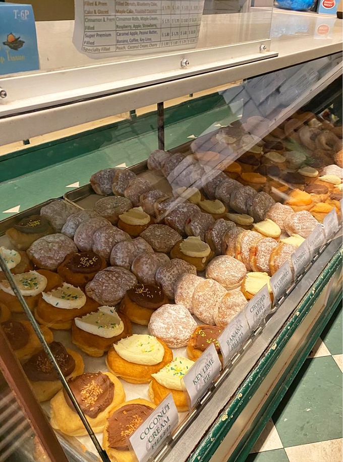 A United Nations of donuts peacefully coexisting behind glass. Democracy in action: everyone gets an equal chance at your affection.
