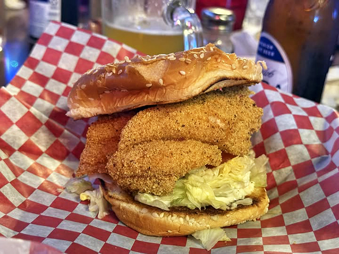 Behold the star attraction: a golden-crusted catfish sandwich that makes other sandwiches question their life choices.
