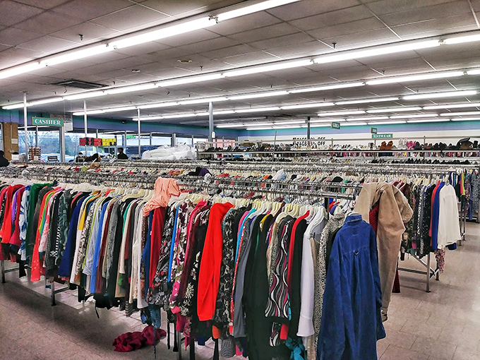 Rack after colorful rack of potential outfit transformations. This isn't just shopping; it's time travel through decades of fashion.