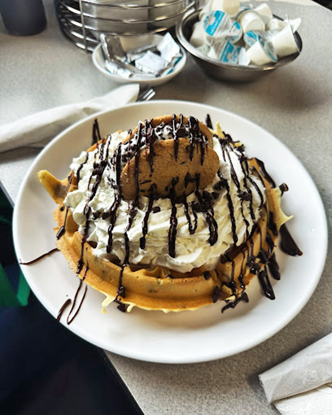 Dessert masquerading as breakfast? This waffle creation topped with whipped cream and chocolate drizzle makes morning indulgence an art form.
