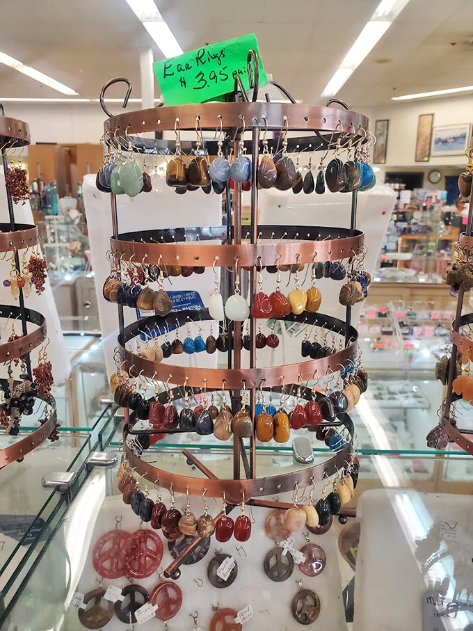 Carousel of cosmic accessories! This spinning display offers gem-laden ear candy at prices that won't require selling your chakras.