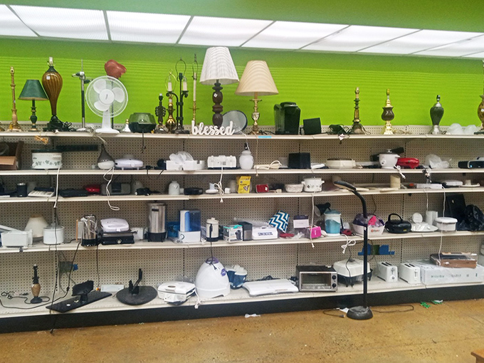 The electronics section: where vintage table lamps share shelf space with kitchen appliances, all silently promising, "I still work... probably."