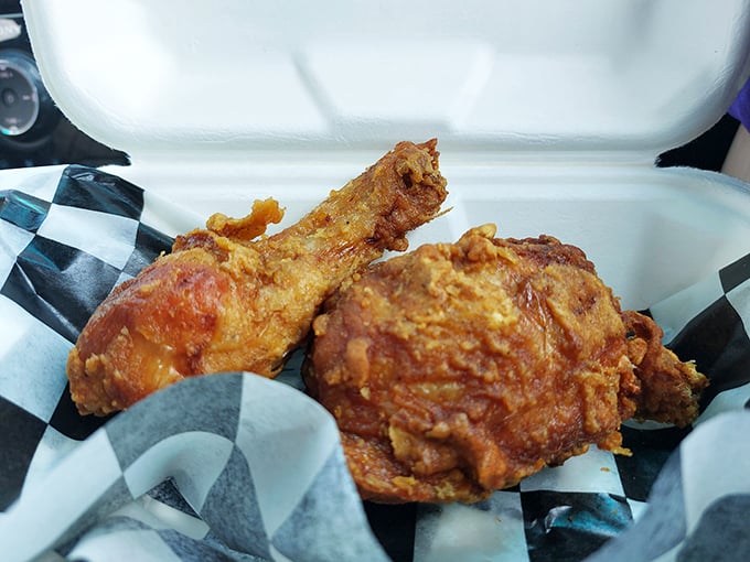 Golden-brown perfection in a takeout container. This chicken doesn't need fancy plating&mdash;it's dressed in nothing but its magnificent crispy skin.