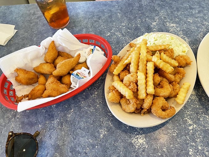 Golden treasures from the deep, nestled together like old friends at a high school reunion. Crispy outside, succulent inside&mdash;the seafood equivalent of winning the lottery.