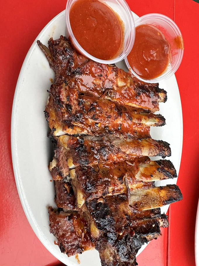 BBQ nirvana exists, and it looks exactly like this. Each rib bears the telltale smoke ring that separates true barbecue artistry from pretenders.