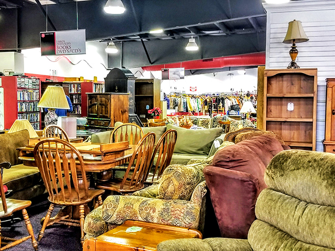 The furniture section feels like a time-traveling living room showroom, where mid-century finds mingle with cozy contemporary pieces seeking second chances.