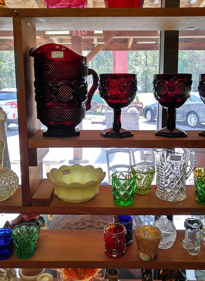 Ruby red Depression glass catches the light like liquid garnets. These survivors of the 1930s have outlasted their original owners, ready for new tables and fresh conversations.