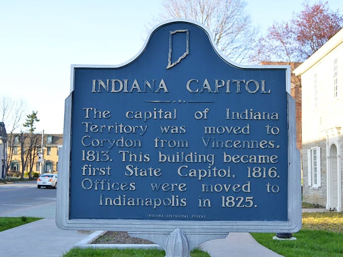 History doesn't need neon signs to grab your attention. This blue marker reminds us that Corydon served as Indiana's first capital before Indianapolis stole the spotlight.