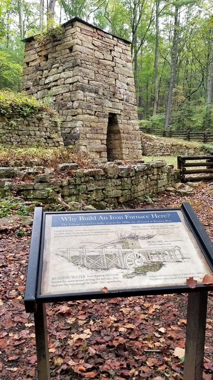 Industrial history hiding in plain sight. The stone iron furnace stands like a sturdy time capsule from Virginia's manufacturing past.