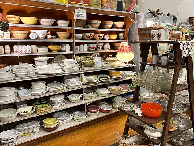Pyrex paradise! Grandma's kitchen comes alive in these colorful stacks of vintage cookware that have survived decades of Sunday dinners.