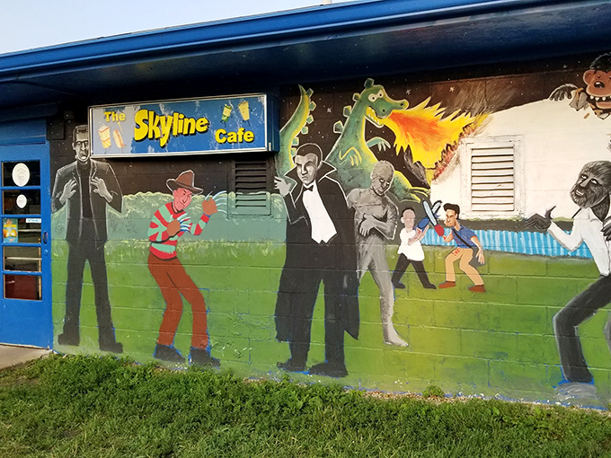 Horror meets humor on this delightful mural outside the Skyline Cafe, where classic movie monsters gather like old friends at a peculiar reunion.