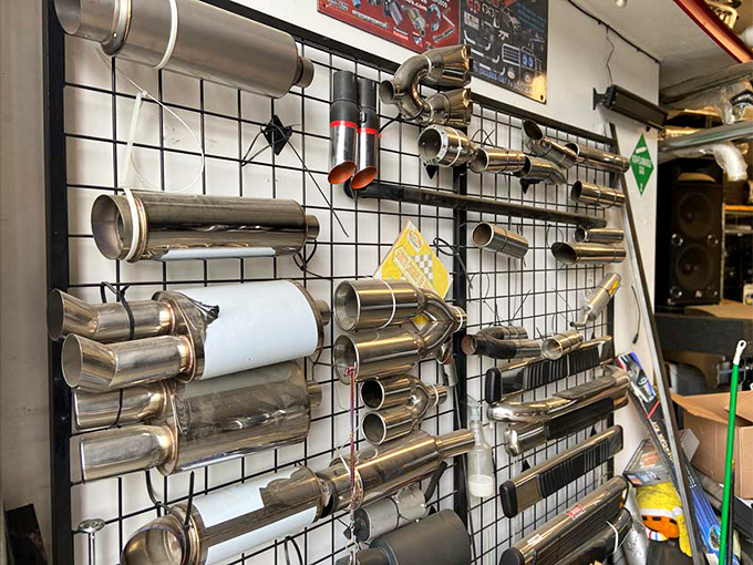 Gearheads rejoice! This wall of gleaming exhaust pipes and mufflers proves M&M isn't just for foodies and fashionistas. 