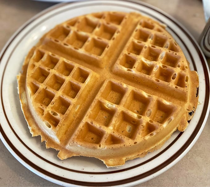 This golden waffle isn't just cooked&mdash;it's engineered to perfection with crisp edges, fluffy interior, and precise grid squares waiting to collect their buttery treasure.