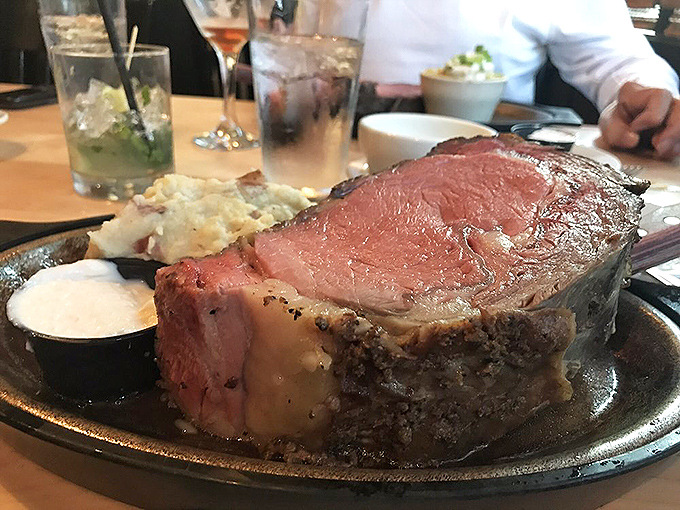 Behold the star of the show! Prime rib so perfectly pink it makes other beef weep with inadequacy. This isn't meat; it's poetry.