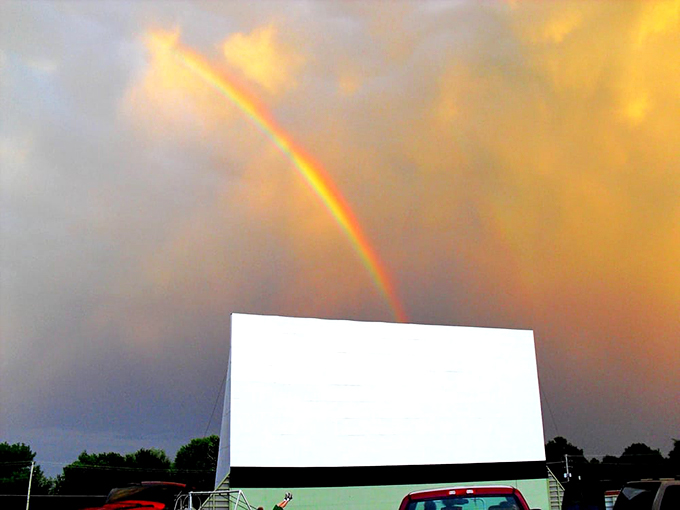 Nature's special effects upstage the main feature with this perfect rainbow&mdash;proof that some of the best drama happens before the film rolls.