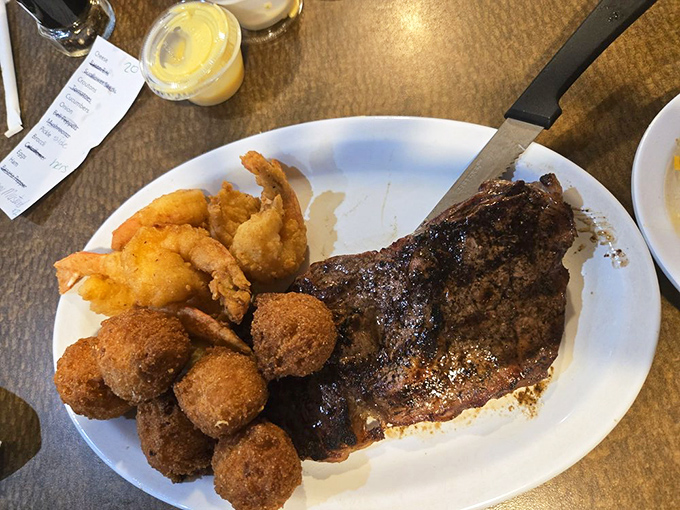 Meat masterpiece alert! This ribeye's perfect char hiding juicy interior is the steak equivalent of finding out your strict teacher moonlights as a rock star.