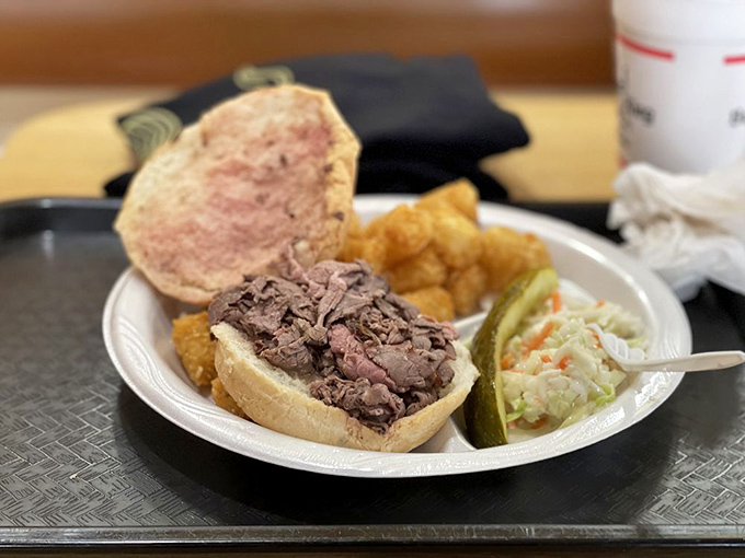 A perfect Beefy King platter is like a well-balanced orchestra&mdash;the tender roast beef plays lead while tater tots, coleslaw, and pickle provide the harmonious accompaniment.