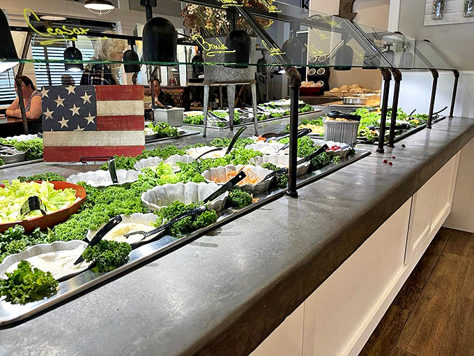 Behold the salad bar of champions! Where "eating your vegetables" transforms from childhood punishment to adult privilege. That freshness isn't just for show.
