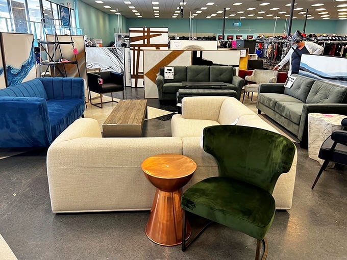 The sofa section resembles a living room United Nations&mdash;mid-century modern diplomats conversing with bohemian delegates while contemporary representatives take notes.