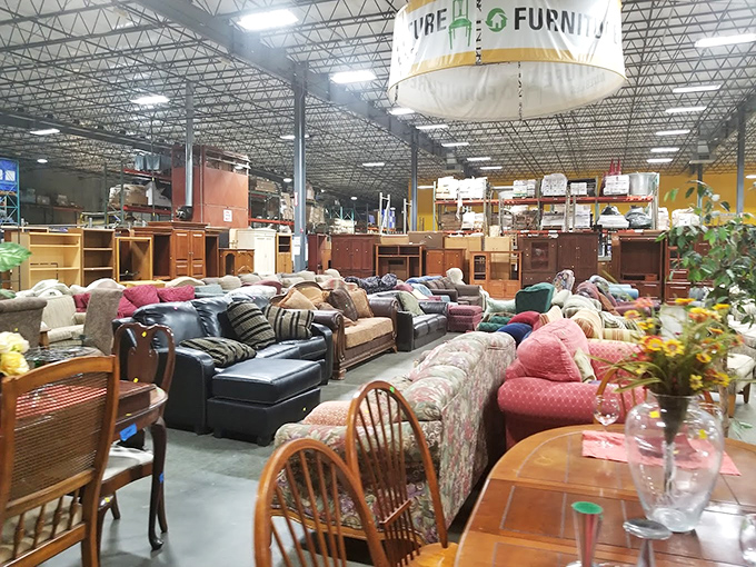 Sofa kingdom! An ocean of seating options where you can test-drive your next conversation pit without the new-furniture price tag.