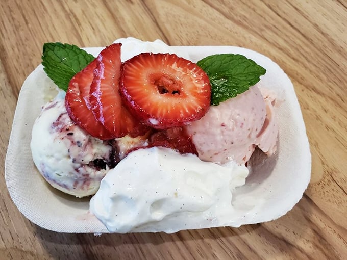 Fresh strawberries and mint don't just garnish this trio of scoops—they announce that this isn't your gas station freezer's ice cream experience.