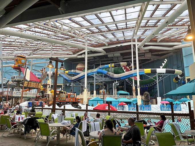 Dining with a view of water slides&mdash;the only place where "dinner and a show" means watching Uncle Bob attempt a double backflip.