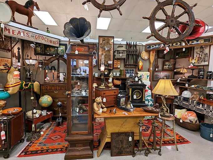 This booth is what happens when a ship captain, world traveler, and antique lover decide to share their collections. From globes to ship wheels, every item tells a seafaring tale.