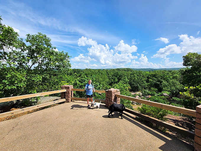 Taking in the panoramic vista, where rolling Ozark forests meet clear blue skies—a reminder that some viewpoints are worth every step.