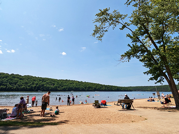 Summer symphony in full swing&mdash;families claiming small territories of sand while the lake provides the perfect cooling melody on a hot Missouri day.