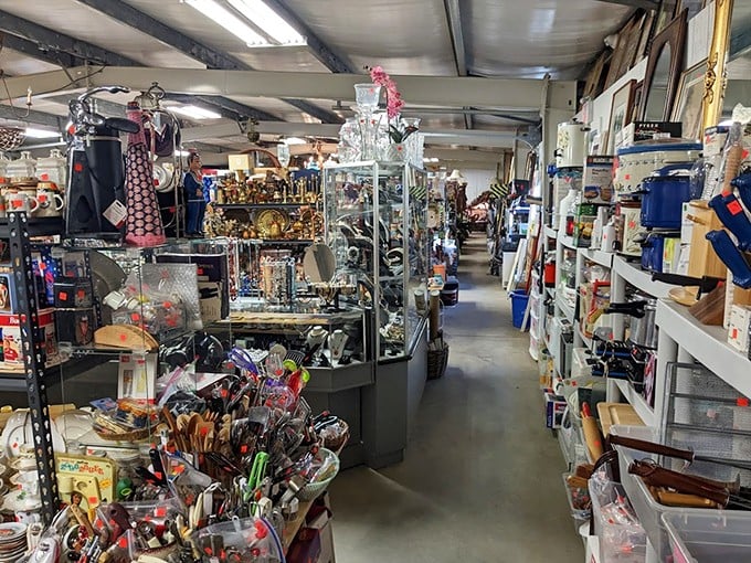 Glassware gleams under fluorescent lights, with enough vintage treasures to make your grandmother say, "I should've never thrown mine out!"