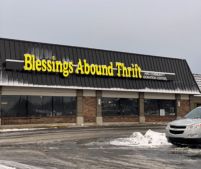 Blessings Abound: The cheerful yellow sign promises treasures within, and unlike most promises you hear these days, this one delivers!