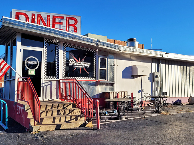 Broadway Diner's classic silver exterior and red steps are like a time machine to when milkshakes came with the metal mixing cup.