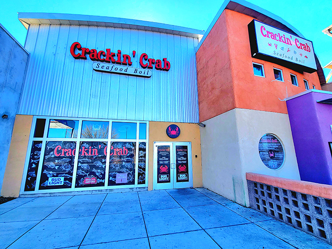 Crackin' Crab's bold signage promises exactly what you'll be doing&mdash;getting gloriously messy with seafood boils. Bibs not optional!