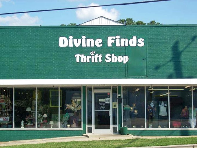 Divine Finds' bright green exterior stands out like the first spring leaf. A beacon for bargain hunters!