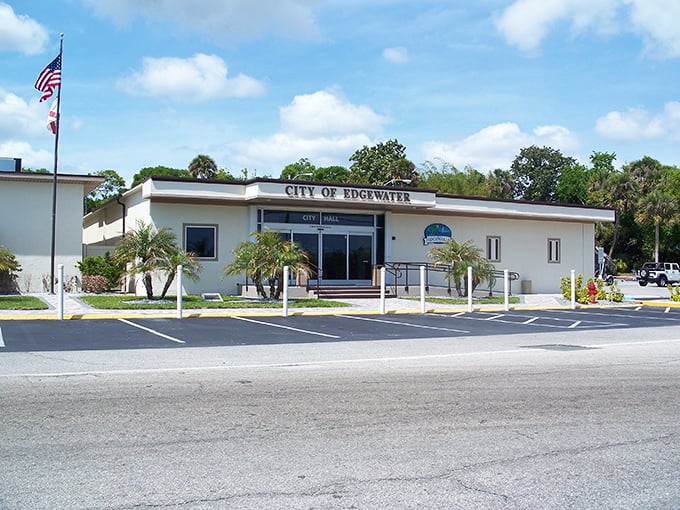 Edgewater's City Hall stands as a testament to practical Florida living&mdash;no frills, just function and plenty of parking.