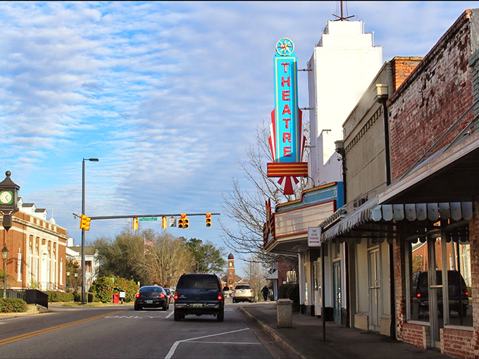 Greenville's classic theater marquee stands as a beacon of small-town culture &ndash; no superhero franchises, just genuine community entertainment.