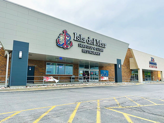 Isla Del Mar: That striking blue anchor sign is your gateway to coastal Mexican flavors in the heart of Nebraska. 