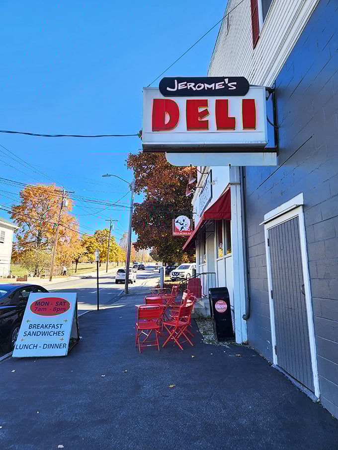 Jerome's bold red DELI sign doesn't whisper, it announces: "Life-changing sandwiches happen here, folks!"