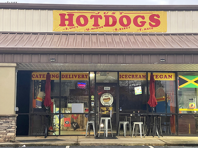 Just Dogs' bright yellow banner cuts through the clutter&mdash;a siren call for hot dog lovers who appreciate that sometimes, one thing done perfectly is enough.