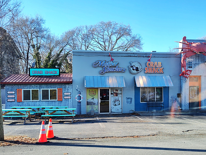 Mother Shuckers exterior: "Blue as the ocean and twice as inviting. Mother Shuckers looks like it floated inland on a tide of good taste."