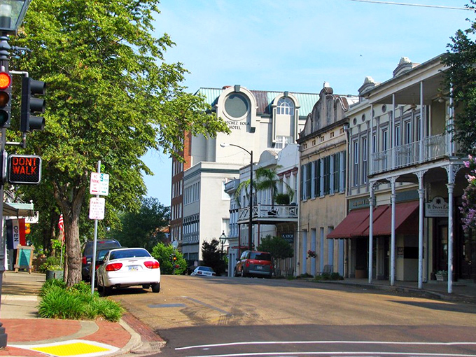 Natchez's historic district showcases a painter's dream of pastel buildings against the bluest Mississippi sky.